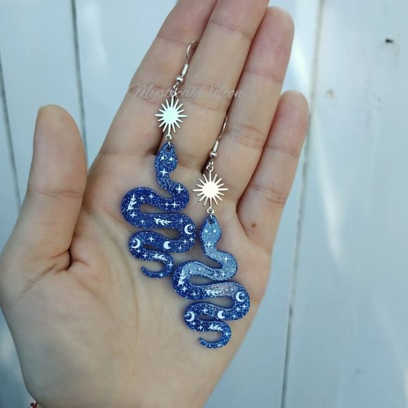 Jewelry | Magical Blue Silver Glitter Celestial Snake Dangle Earrings ...